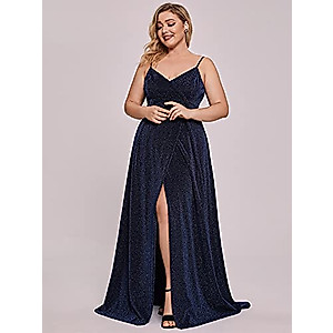 Ever-Pretty Women's Glitter Side Slit A-line Plus Size Evening Dresses for Party Navy Blue US16