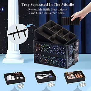 Stagiant Rolling Makeup Case 4 in 1 Cosmetology Case on Wheels Makeup Travel Case with Brush Waist Bag Key Swivel Wheels Salon Barber Case Traveling Cart Trunk Cosmetic Trolley Balck Star