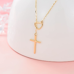 SISGEM 14K Real Gold Cross Necklace for Women,Yellow/White Gold Small Heart Cross Y-Necklaces,Anniversary Birthday Jewelry Present for Wife Mom 16''+2''