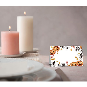 Halloween Table Place Cards, Blank Seating Place Card for Table, 25 Pack Buffet Food Tent Labels, Double Design Name Cards, Scored for Easy Folding, Halloween/Thanksgiving Party Decorations(04)