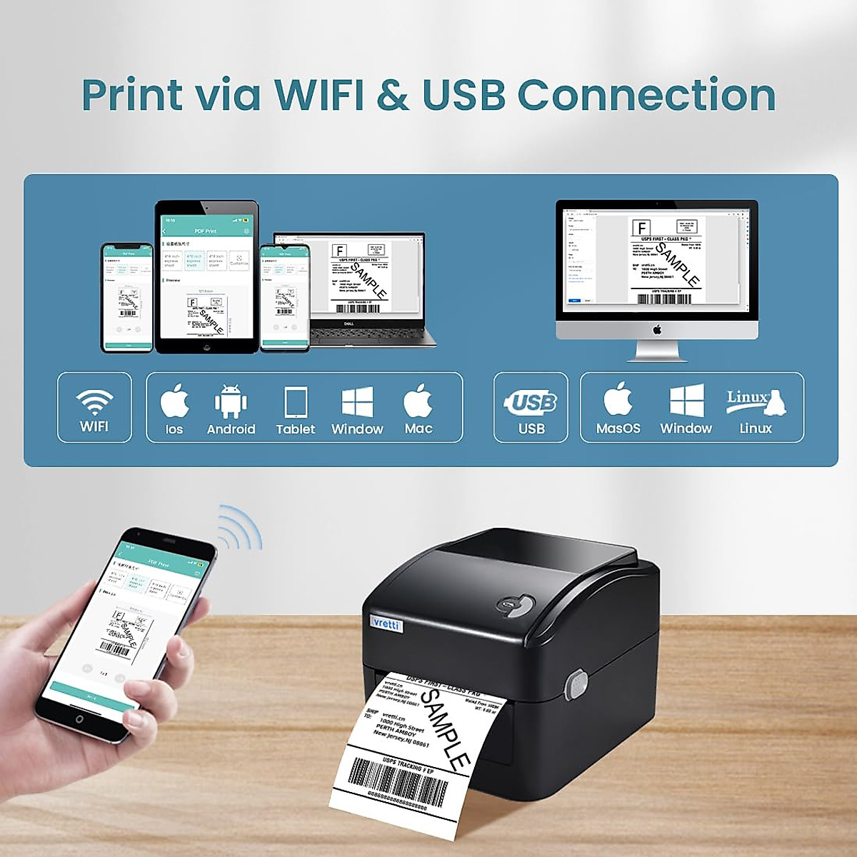 vretti Wi-Fi Thermal Label Printer, Wireless Shipping Label Printer for Small Business & Package, 4x6 Label Printer Compatible with Etsy, Ebay, Amazon, Shopify, USPS and More