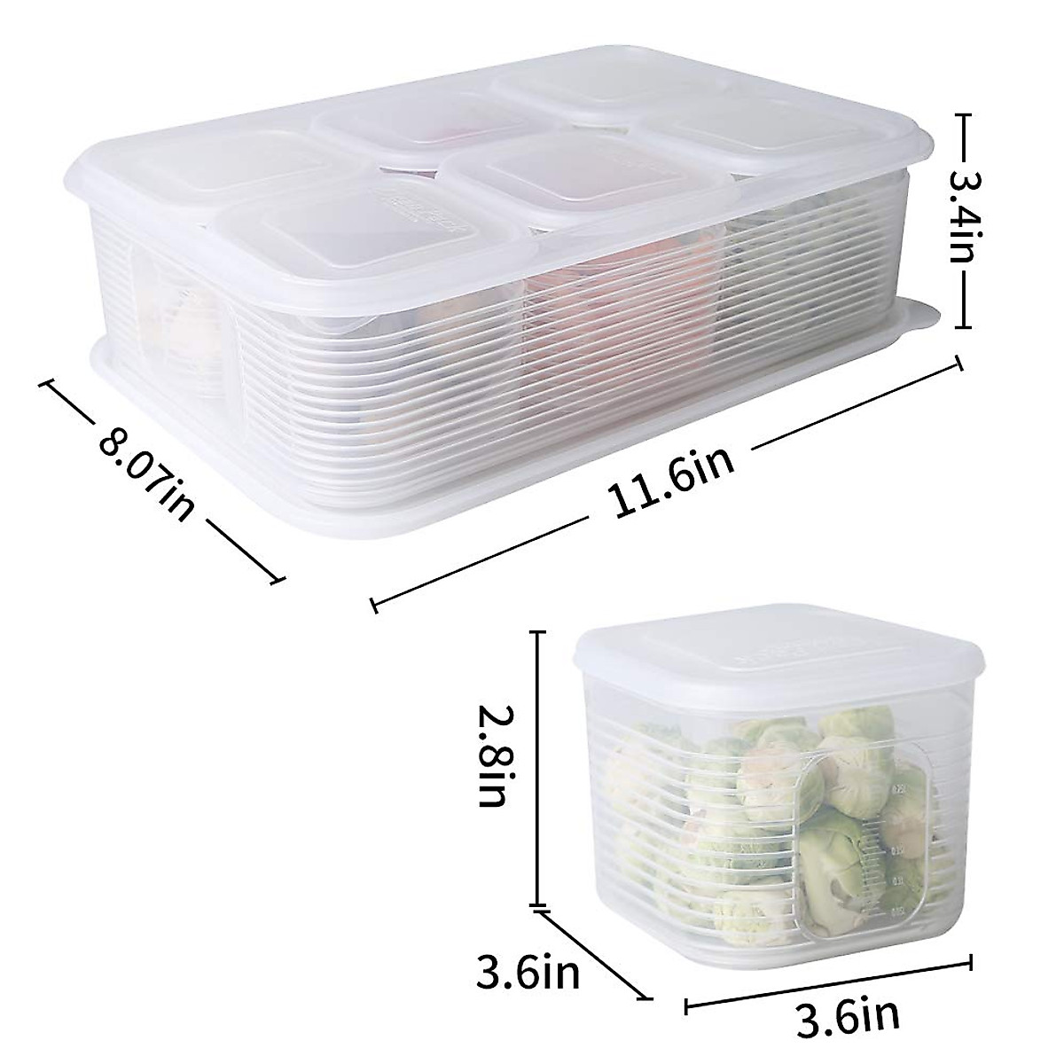 Sel natural Food Storage Containers with Lids Airtight,Plastic Reusable Fresh Produce Fruit Storage Organizer Storage Bin with 6 detachable small boxes for Storing Fish, Meat, Vegetables