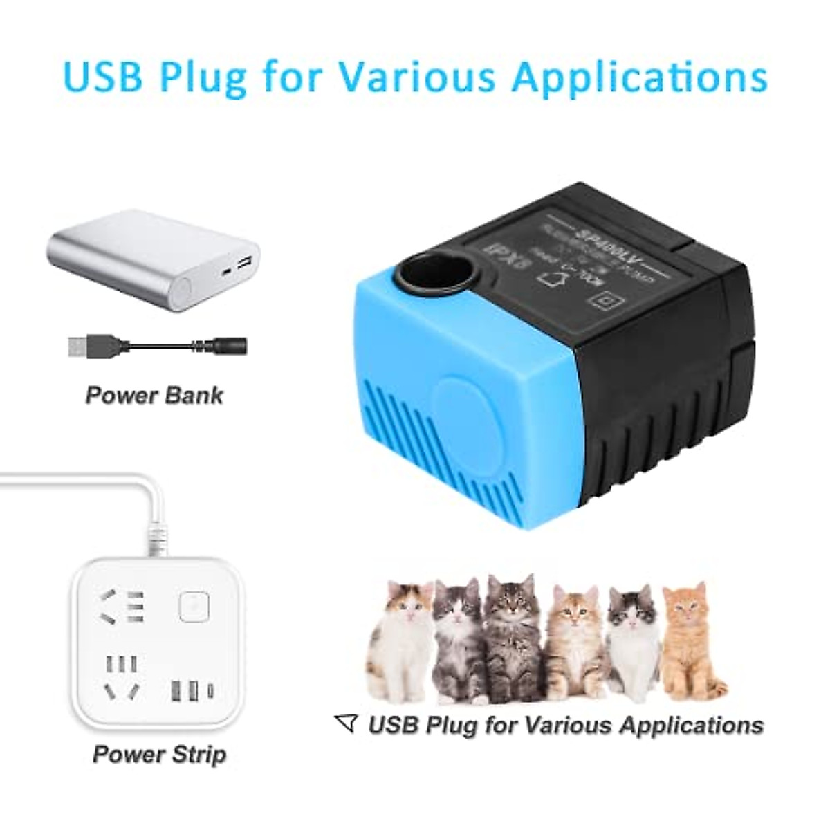 Carcent SP-400LV Cat Water Fountain Pump, Cat Fountain USB Replacement Pump with Adapter Compatible with Drinkwell Ceramic, Butterfly, Seaside, Stainless Steel, 360 Plastic Pet Water Fountain