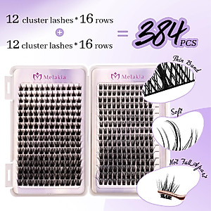 384 Pcs Cluster Lashes, Melakia 2 Style DIY Eyelash Extensions Mix 10-16mm, Thin Band Lash Clusters, Mega Soft Individual Cluster Lashes at Home （Wispy and Natural D Mix 10-16mm）