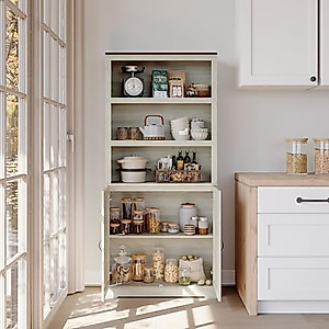 Farmhouse Bookshelves and Bookcases with Doors, Floor Standing 5 Shelf Display Storage Shelves, 69 in Tall Bookcase for Home Office, Living Room, Washed Grey