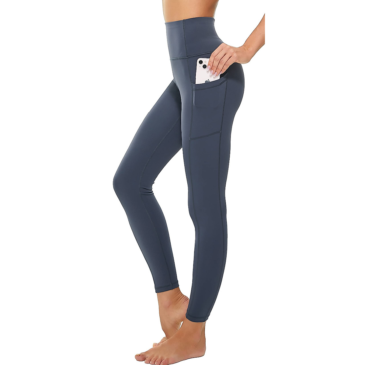 Neonysweets High Waist Yoga Leggings with Pockets Workout Athletic Running Pants Leggings Steel Gray L