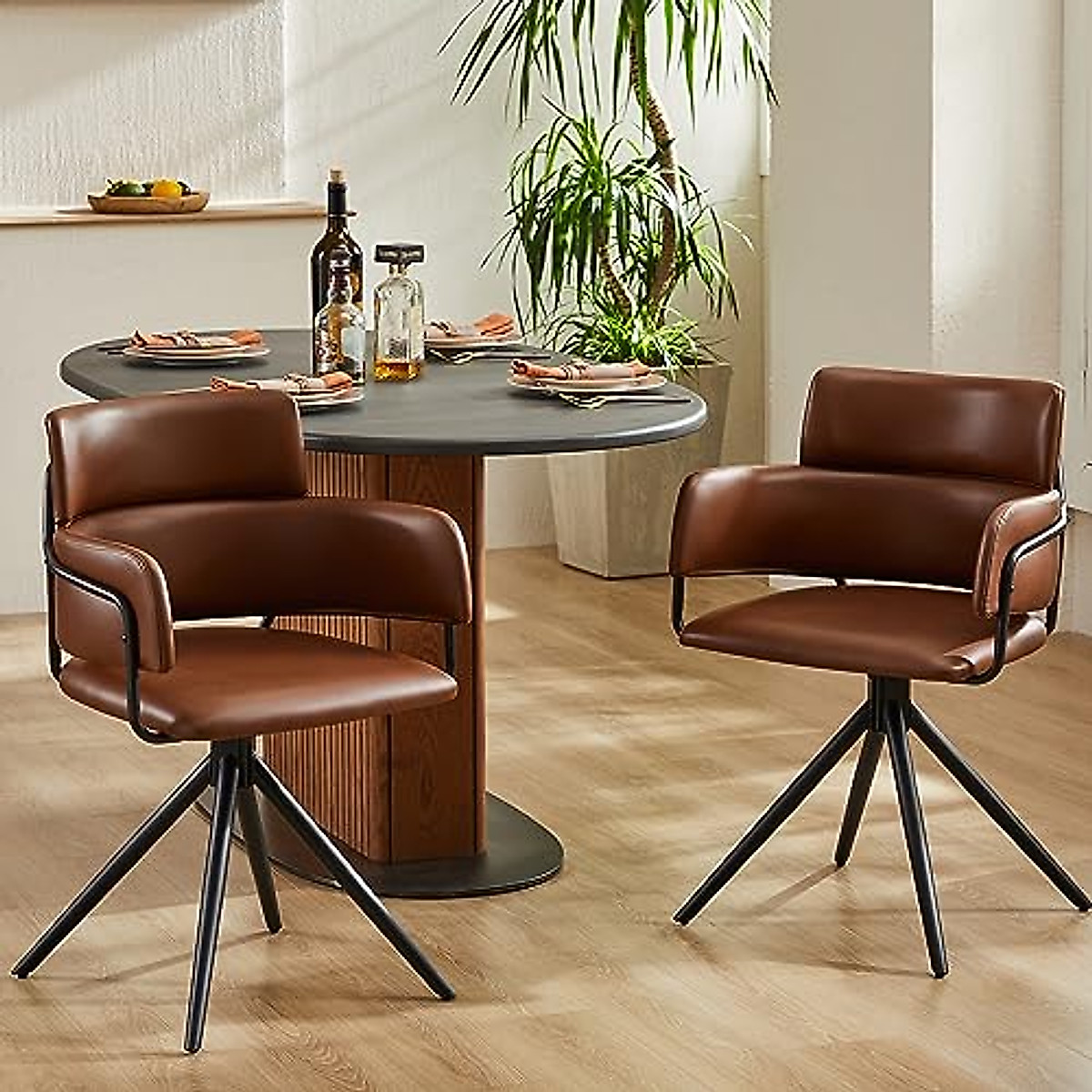 Purgreen Faux Leather Dining Room Chairs Set of 2,Mid Century Modern Mid-Back Accent Chair with Enhanced Black Legs - Upholstered Living Room Chair (Dark Brown, X-Leg)