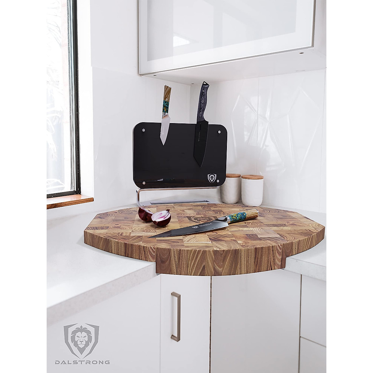 DALSTRONG Corner Counter Cutting Board - Lionswood End-Grain Teak Wood bundled with Slicing & Carving Knife - 12" - Offset Blade - Shadow Black Series