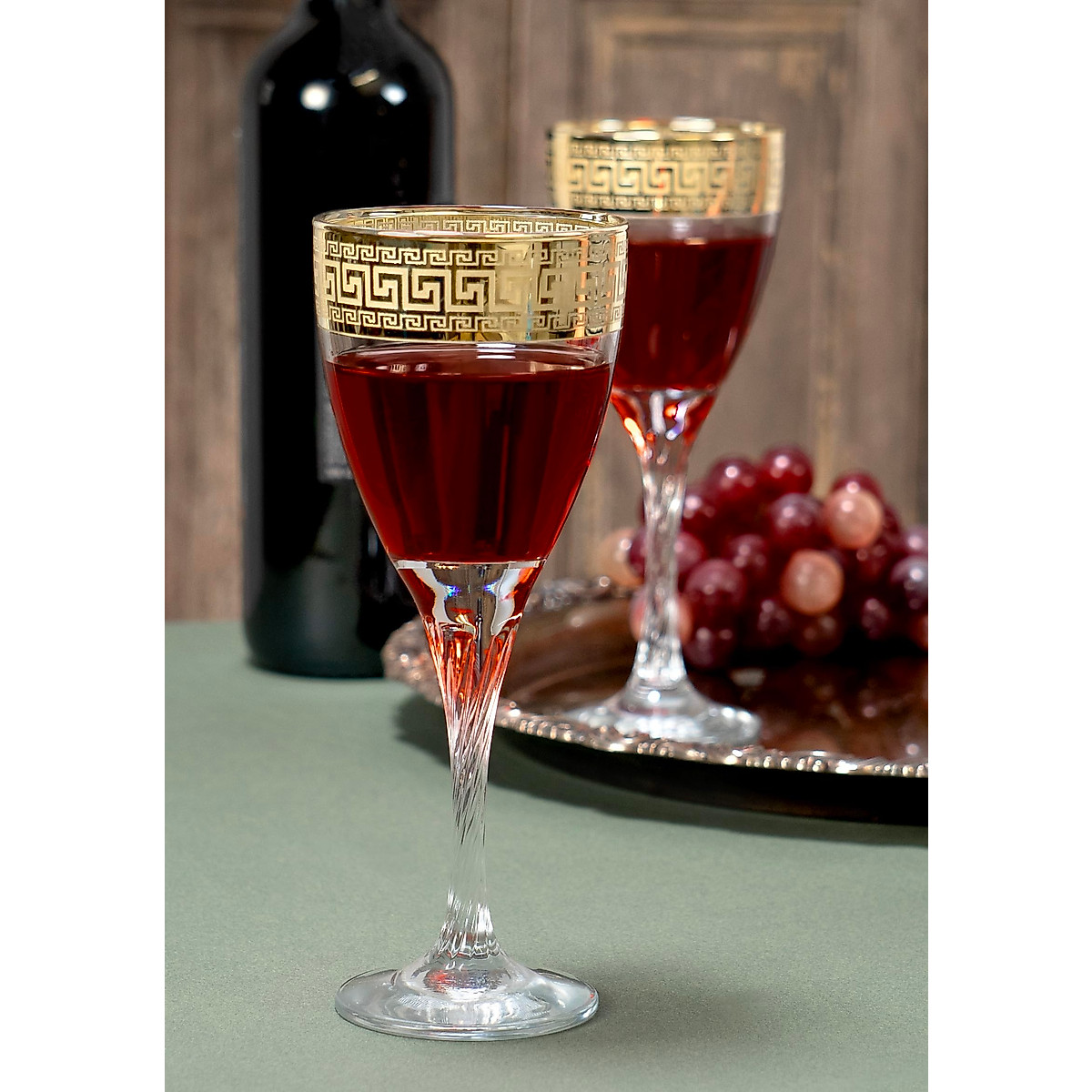 Red Co. Set of 4 Decorated Clear Glass 7 Fl Oz Stemmed Wine Glasses with Golden Greek Key Trim