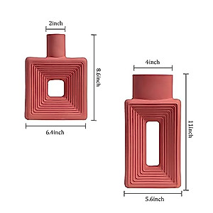 Ceramic Vase Set of 2，Square Vase Rustic Home Decor Minimalist Nordic Boho Style for Living Room, Shelf, Table, Bookshelf, Mantel and Entryway Decor Vases