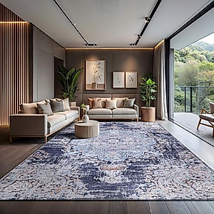 CAMILSON Printed Area Rugs with Ultra Thin Super Strong for Living Room Bedroom, Vintage Rug 8x10, Stain and Water Resistant, Traditional Bohemian Indoor Carpet (8 x 10, Blue)