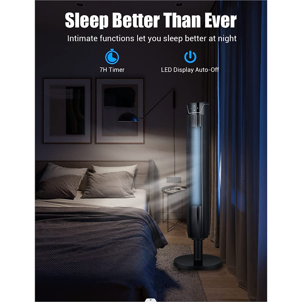 KopBeau Tower Fan for Bedroom, 42 Inch Oscillating Cooling Fans with Remote, Quiet Bladeless Floor Powerful Fan, 3 Modes, Buit-in 7Hrs Timer and LED Display, Standing Fans for Home Office, Black