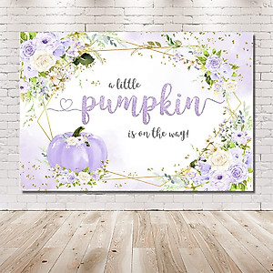 MEHOFOND 7x5ft Autumn Pumpkin Backdrop for Girl Baby Shower Purple Floral Baby Girl Party Decor A Little Pumpkin is On The Way Photography Background Gold Glitter Banner Photoshoot Props