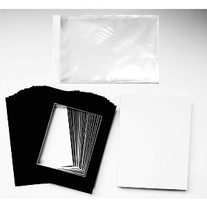Studio 500, Pack of 25 Black Pre-Cut Picture Mat 8x10 inches for 5x7 Picture Comes w/Matts w/White Core Bevel Cut; Matte Set + Backing Board + Clear Plastic Bags (Pack of 25 Black 8x10 Complete Set)
