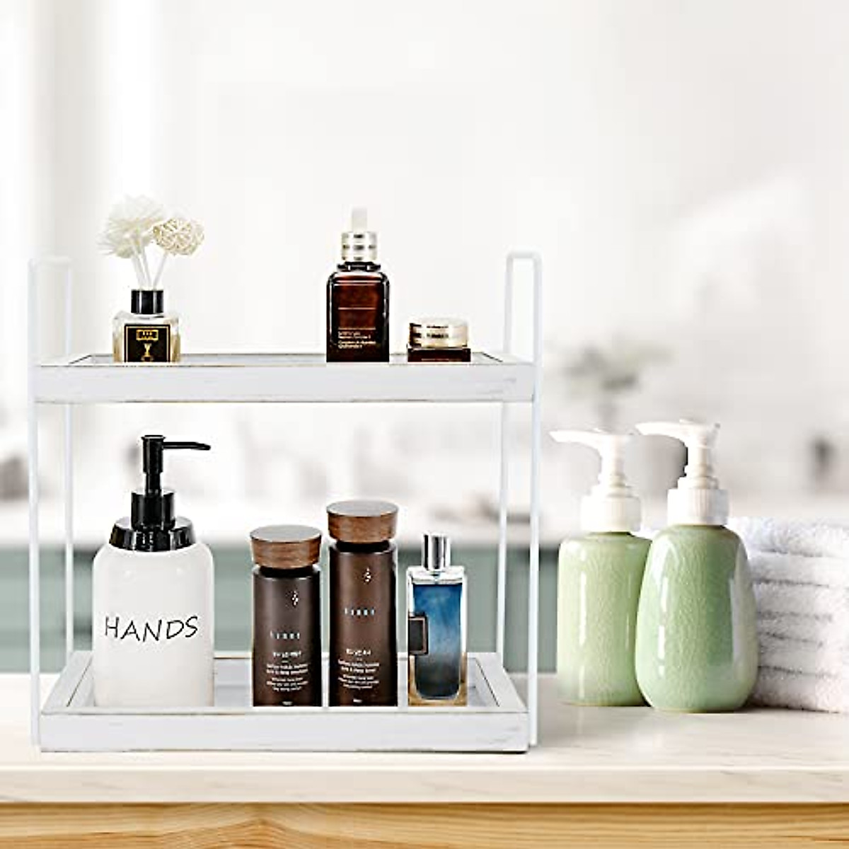 2 Tier Bathroom Countertop Organizer, Counter Standing Rack Cosmetic Holder, Countertop Storage Shelf Cosmetic Organizer Holder, Detachable Kitchen Spice Rack Wire Basket Storage Counter Shelf