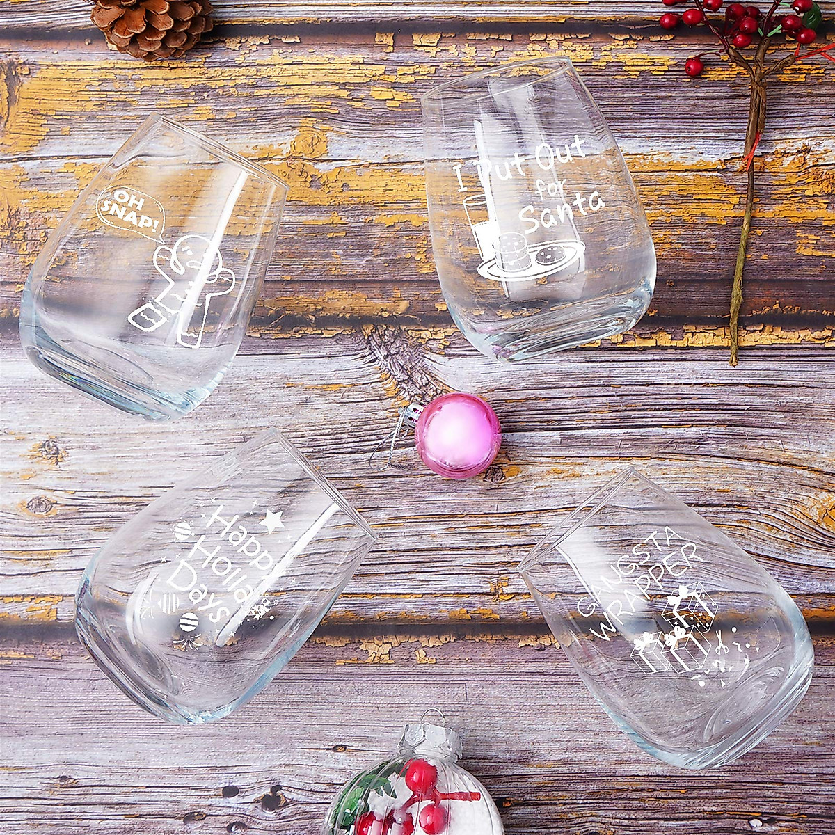 Set of 4 Christmas Puns Stemless Wine Glasses Set, Christmas Themed Gift Idea for Women Men Friend Party White Elephant Gift Exchange Dirty Santa, 15Oz Funny Wine Gift