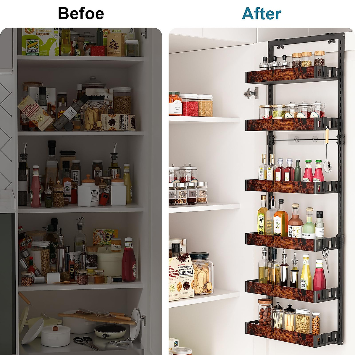 bukfen Over the Door Pantry Organizer, 6-Tier Adjustable Wooden Basket Kitchen Pantry Door Organization and Storage, Heavy-Duty Metal Hanging Kitchen Spice Rack,D6.3 x W17.71 x H50.60 inch,1 Pack