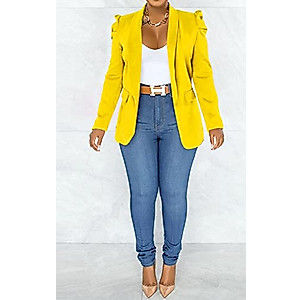 Womens Casual Blazers Open Front Puff Long Sleeve Lapel Work Office Blazers Bussiness Jackets Suit Coat Yellow XX-Large