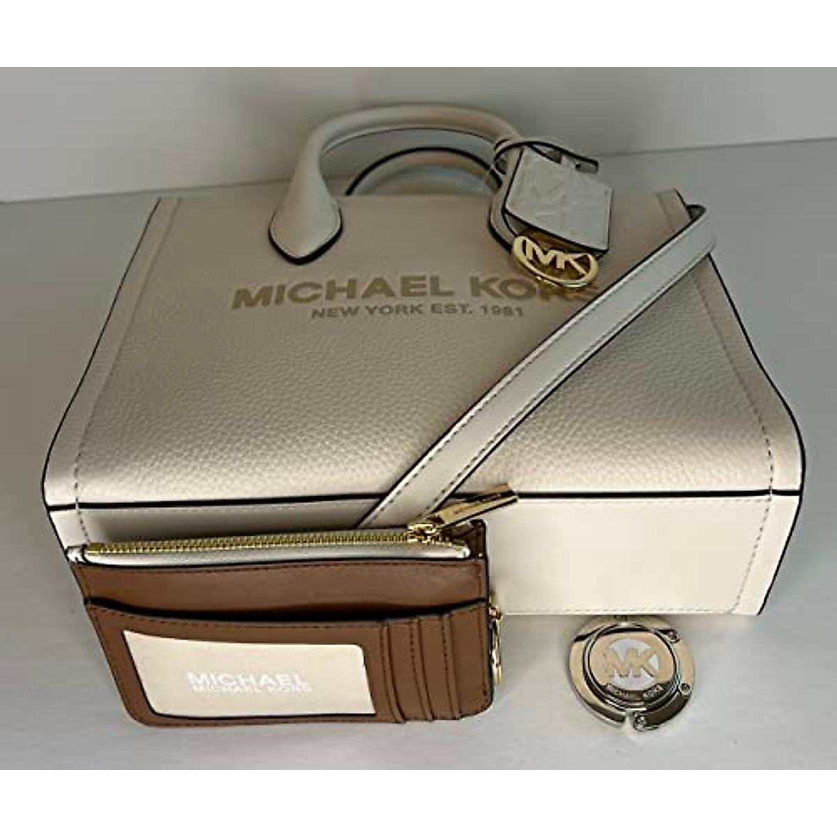Michael Kors Mirella Small Shopper Top Zip Bag bundled SM TZ Coinpouch Purse Hook (LT Cream Multi/Vanilla PVC)