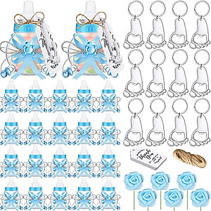 Suttmin 78 Pcs Baby Bottle Party Favors for Baby Shower 24 Mini Candy Bottles 24 Baby Footprint Bottle Openers 24 Thank Tags 6 Rose Flower for Boy Girl Baby Shower Party Decor(Blue, Silver)
