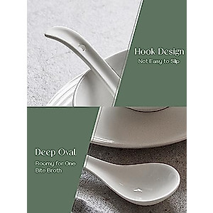DOWAN Soup Spoons, Ceramic Chinese Soup Spoons, Asian Soup Spoons, White Japanese Spoon Large for Ramen Pho Wonton Dumpling Miso, Deep Oval Hook Design, Set of 6