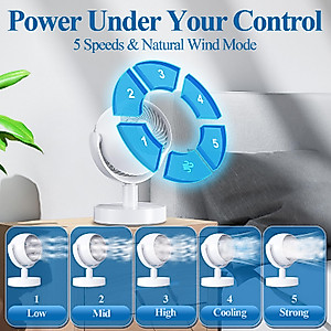 WITHOUSE Desk Fan for Bedroom, Mini Portable Air Circulator, Rechargeable Small Desk Fans Battery Powered with 5 Speeds, Oscillating and Powerful, Floor Fan for Whole Room Home Office