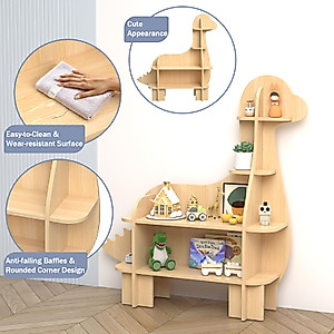 Dinosaur Kids Bookshelf, Wooden Kids Bookshelf and Toy Storage, Wood 4-Tier Montessori Bookshelf for Kids, Durable Bookcase, Eco-Safe Toddler Bookshelf, Toy Organizer for Kids Room, Playroom, Nursery