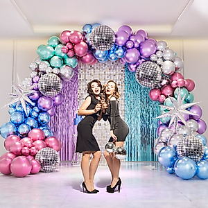 WOZOZOW 161PCS Metallic Neon Balloons Arch Kit, Disco Ball Balloons, Metallic Purple Blue Magenta Hot Pink Silver Green Chrome Disco Balloons Arch for Birthday 70s 80s 90s Theme Disco Party