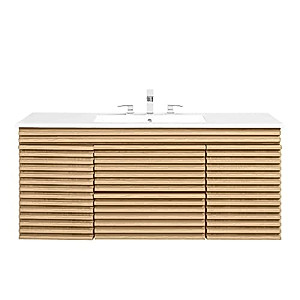 Modway Render 48" Wall-Mount Bathroom Vanity Cabinet with Ceramic Sink Basin in Oak White