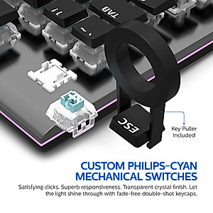 PHILIPS Wired Gaming Keyboard with Palm Rest | LED RGB Mechanical Keyboard w/Custom Cyan Crystal Switches, 38-Key Aliasing, Multimedia Control Dials | 20 Light FX, Custom Light Maps (SPK8624)
