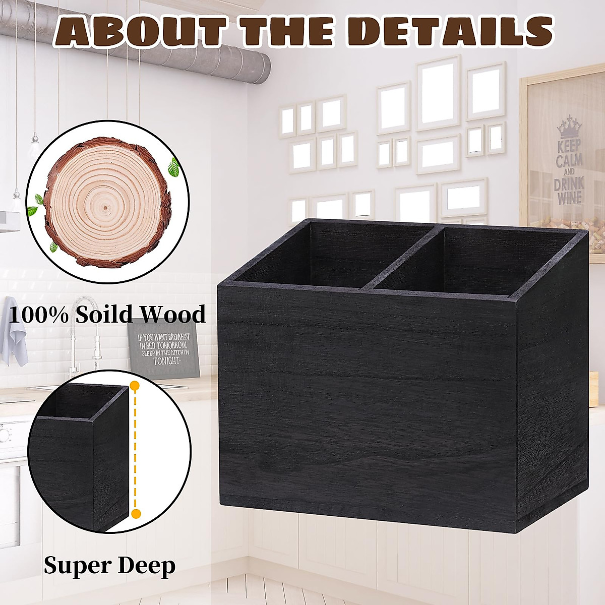 Wooden Kitchen Utensil Caddy With 2 Compartments, Rustic Kitchen Utensil Holder for Kitchen Countertop, Wood Utensil Crock Organizer Box for Farmhouse Kitchen Decor (black)