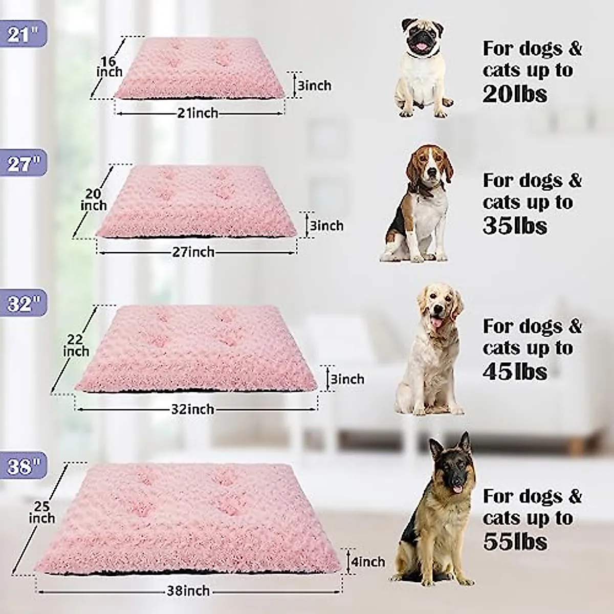DOGKE Large Washable Dog Bed Deluxe Fluffy Plush Dog Crate Pad，Dog Beds Made for Large, Medium, Small Dogs and Cats, Anti-Slip Dog Crate Bed for Sleeping and Anti Anxiety, 32"x22",Pink