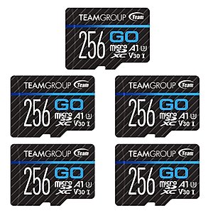 TEAMGROUP GO Card 256GB x 5 PACK Micro SDXC UHS-I U3 V30 4K for GoPro & Drone & Action Cameras High Speed Flash Memory Card with Adapter for Outdoor Sports, 4K Shooting, Nintendo-Switch TGUSDX256GU363