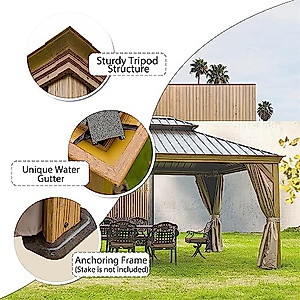 Jaxenor Wood-Looking 12'x14' Hardtop Gazebo - Coated Aluminum Frame, Galvanized Steel Double Roof - Outdoor Metal Pavilion with Curtains and Netting for Patio, Deck, and Lawn