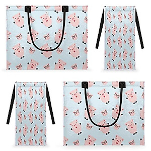 Cute Cartoon Pig Reusable Grocery Shopping Bag with Hard Bottom, Animal Pig Large Foldable Multipurpose Heavy Duty Tote with Zipper Pockets, Stands Upright, Durable and Eco Friendly, Beach Bag