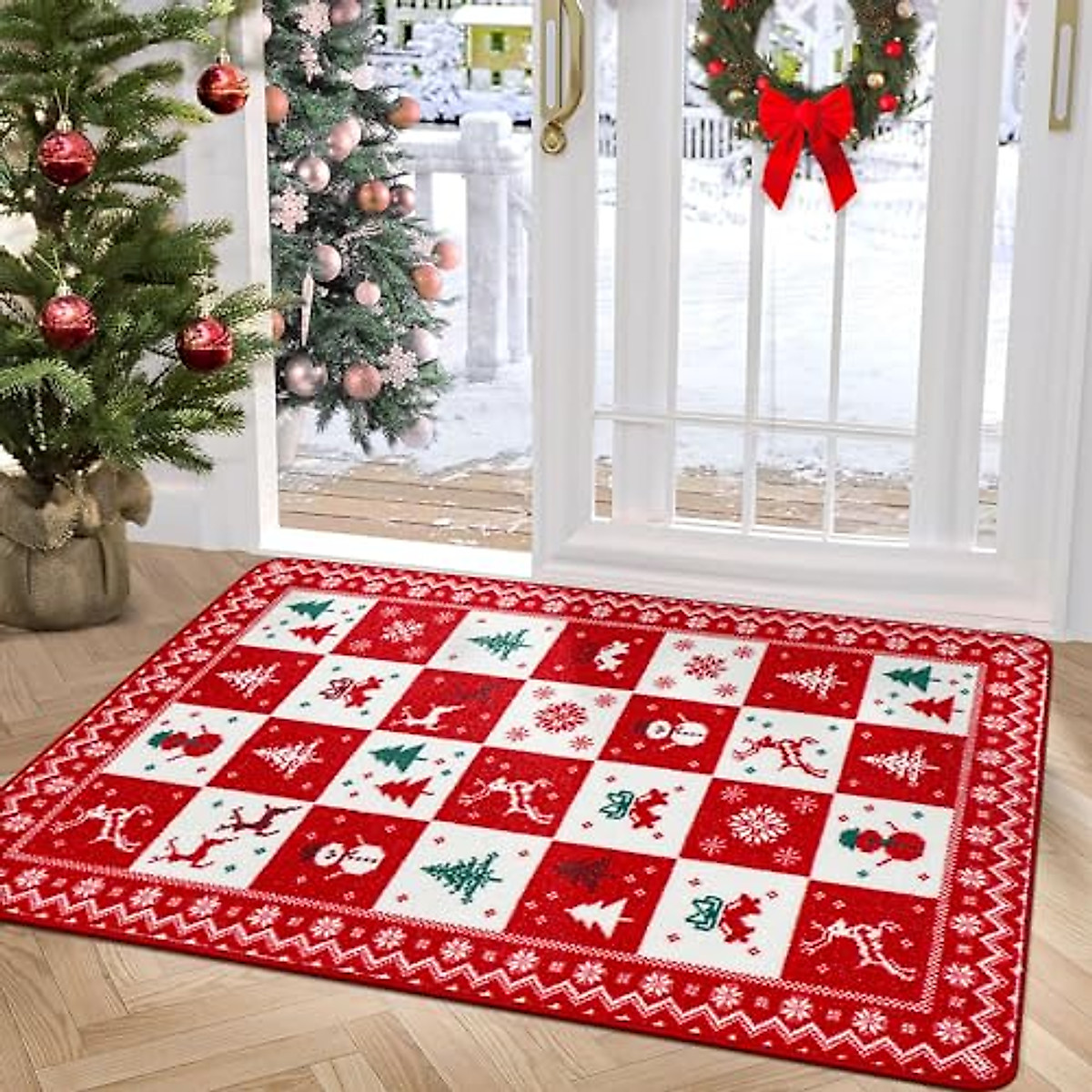 BEIMO Red Area Rug 2x3 Christmas Rug Entryway Kitchen Rug Snowflake Doormat Holiday Decor Print Plaid Floor Cover Bathroom Mat Non Slip Low Pile White Living Room Bedroom Carpet with Gripper