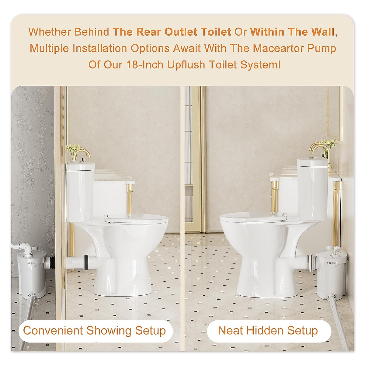 Simple Project 19" Extra Tall Macerating Toilet For Seniors, Upflush Toilet For Basement | 600w Macerator Pump With 4 Water Inlets For High Toilets, Shower, Laundry