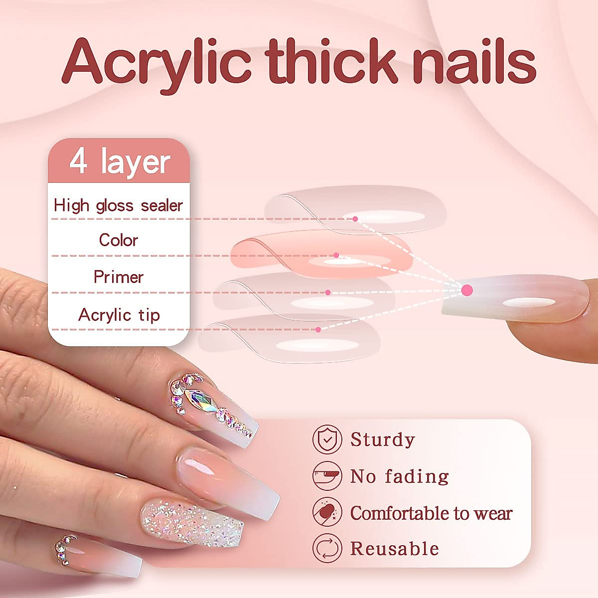 Yivaiks 24pcs Advanced Hand Made Glitter Gradient Pink Press on Nails Medium Length,Luxurious Crystal Gem Design Ballerina Long Coffin Fake Glue for Women Acrylic Perfect Accessory Banquets, Soirees, Parties(GD-004)