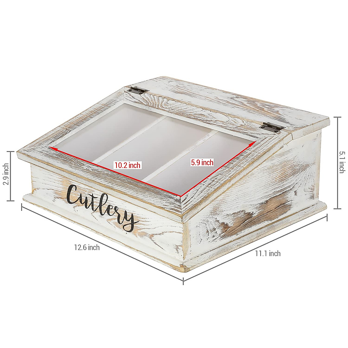 MyGift 3-Compartment Whitewashed Solid Wood Cutlery Tray Box Organizer with Clear Acrylic Hinged Lid & Black Cursive"CUTLERY" Label, Dining Utensil Holder