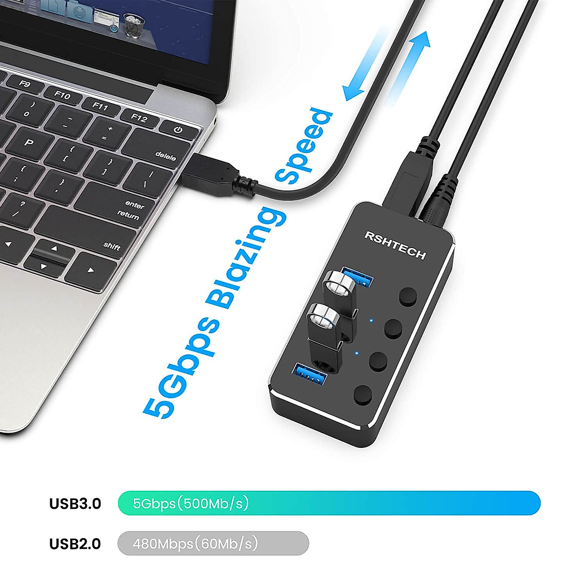 Powered USB Hub, RSHTECH 4 Port USB 3.0 Hub Splitter Portable Aluminum USB Data Hub Expander with Individual On/Off Switch and Universal 5V AC Adapter, 3.3ft USB 3.0 Cable (RSH-516)