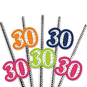 30th Birthday - Cheerful Happy Birthday - Paper Straw Decor - Colorful Thirtieth Birthday Party Striped Decorative Straws - Set of 24