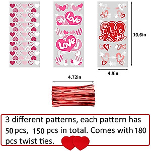 DIYASY Valentine Cellophane Candy Bags,150 Pcs Treat Bags Heart and Love Shape Goodie Bags with 180 Twist Ties for Valentine's Day Party Favor