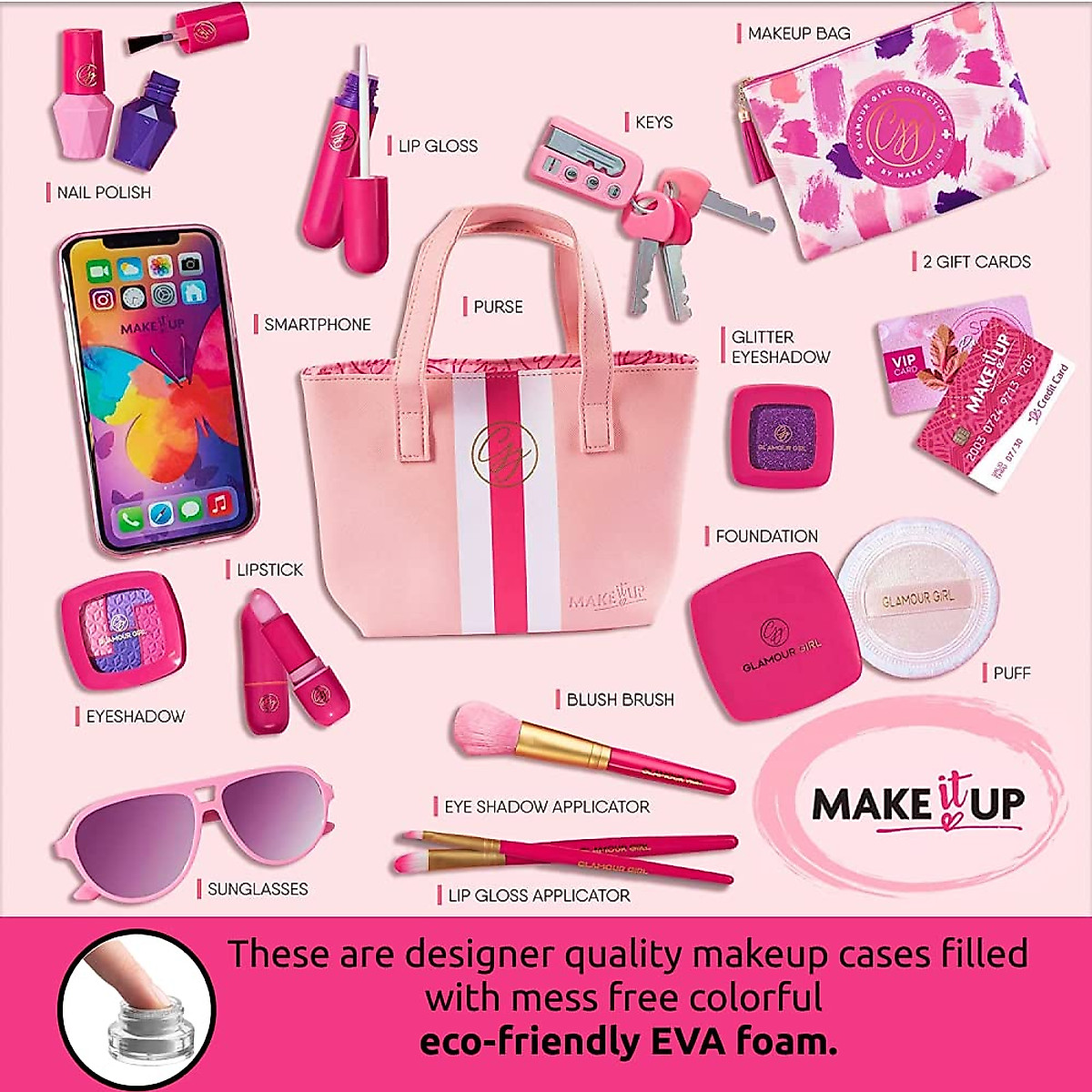 Make it Up, 20 Piece- Glamour Girl 2 in 1 Realistic Pretend Makeup Set + Purse & Toy Set (Not Real Makeup) [Toy]