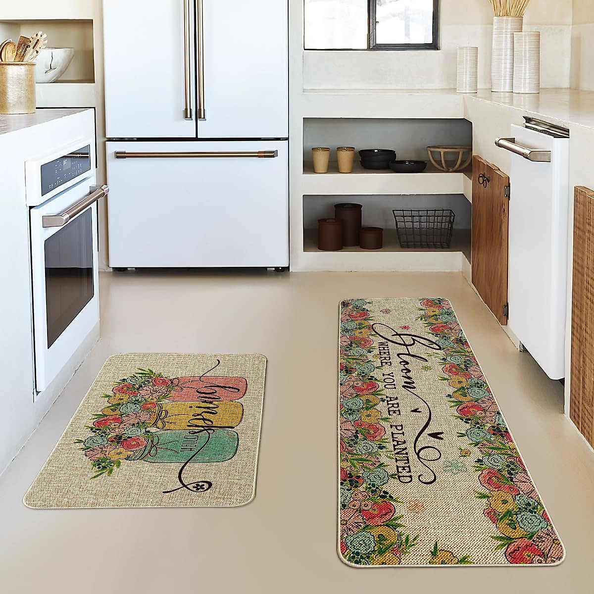 Artoid Mode Vases Flowers Hello Spring Kitchen Mats Set of 2, Home Decor Low-Profile Kitchen Rugs for Floor - 17x29 and 17x47 Inch