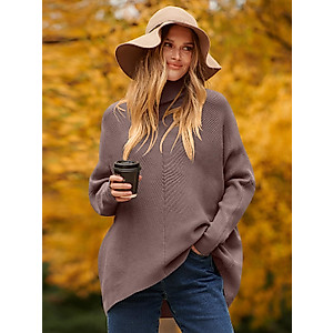 Caracilia Women Turtleneck Batwing Sweaters Oversized Tunic Sweater 2023 Fall Turtleneck High Low Sweater Pullover Knit Jumper Winter Clothes C8A7-doukou-L Brown