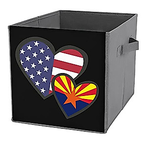 Interlocking Hearts American Arizona State Flag PU Leather Collapsible Storage Bins Canvas Cube Organizer Basket with Handles