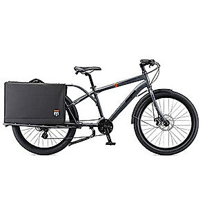 Mongoose Envoy Cargo Bike with 26-Inch Wheels in Grey, Medium/Large Frame, with 8-Speeds, Shimano Drivetrain, Aluminum Cargo Frame, Internal Cable Routing, Mechanical Disc Brakes, and Center Kickstand