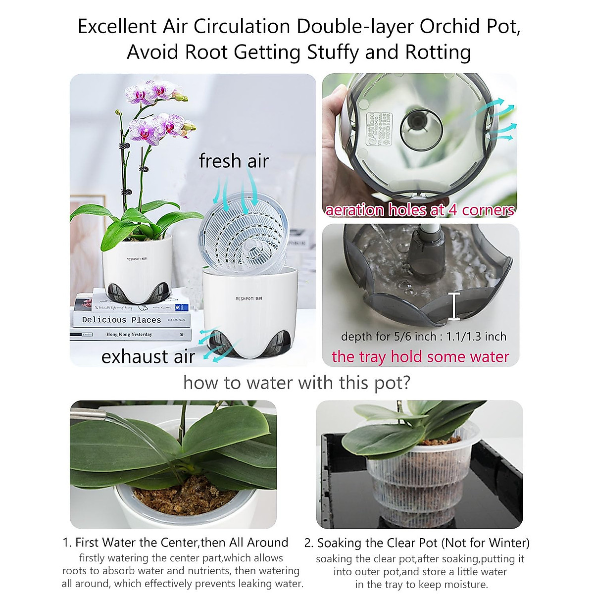Meshpot 6 inch Orchid Pots with Holes,Set of 2,Double Layer Plastic Imitate Ceramic Orchid Planter Provide Good Air Circulation,Clear Orchid Pot Match Decorative Orchid Container