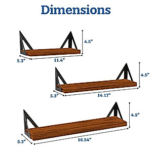 Halter Wall Book Shelves for Bedroom, Small Wall Shelf, Mounted Floating Wall Shelving, Hanging Shelves with Angle Brackets, Wall Shelves for Bedroom, Bathroom, Kitchen, Dark Brown,Set of 3