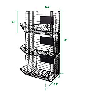 X-cosrack Metal Wire Basket Wall Mount, 3 Tier Wall Storage Basket Organizer with Hanging Hooks Chalkboards, Rustic Kitchen Fruit Produce Bin Rack Bathroom Tower Baskets (Black)